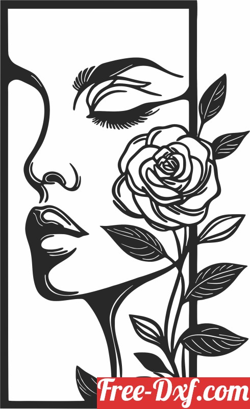 Download Girl with a rose line drawing art dxf OBjAT High quality
