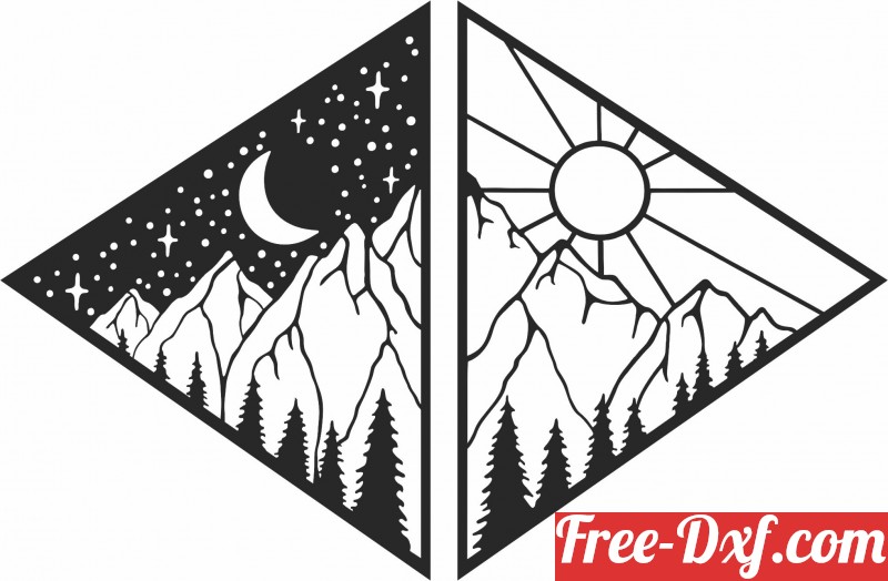 Download mountain moon and sun scene wall decor dxf V77YG High qu