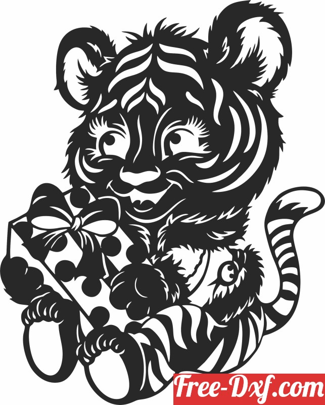 Download Cute Tiger with gift clipart Vax7P High quality free Dxf